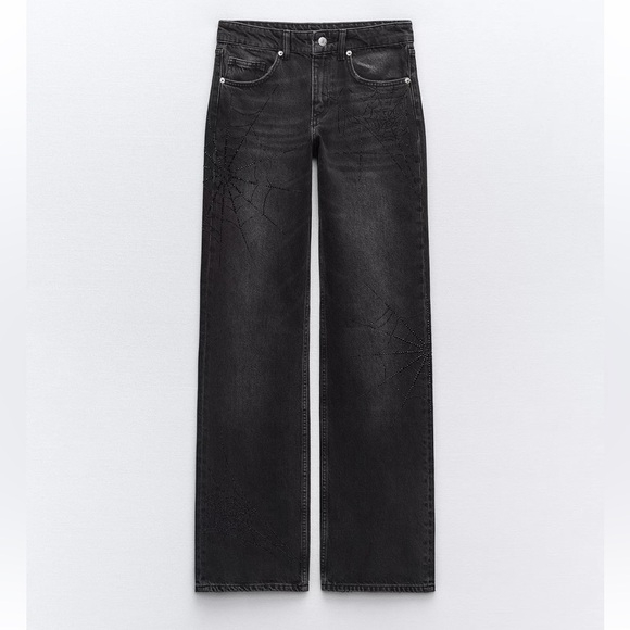 Zara | Jeans | Zara Rhinestone Spider Web Mid Waist Wide Leg Jeans ...